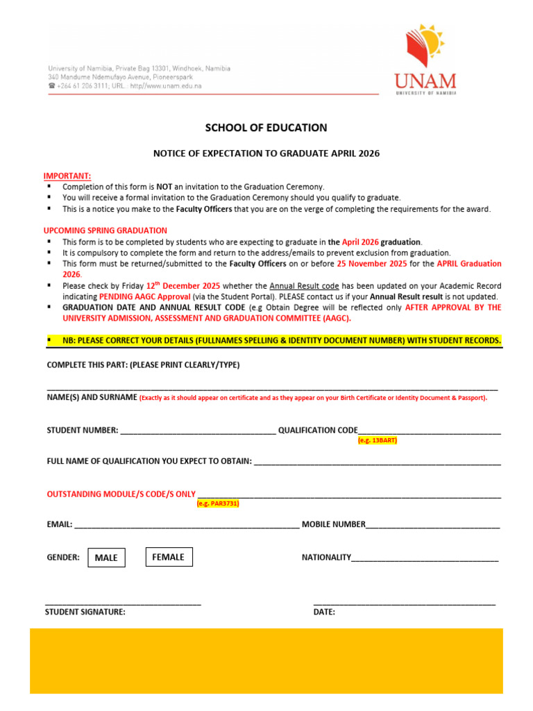 Notice for April 2026 Graduation Form | PDF | Identity Document