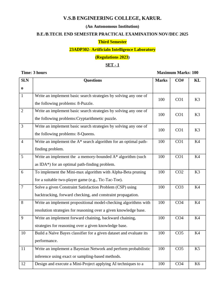 AI Laboratory Exam Questions 2025 | PDF | Artificial Intelligence ...