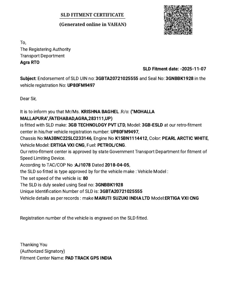 SLD Fitment Certificate for Vehicle UP80FM9497 | PDF