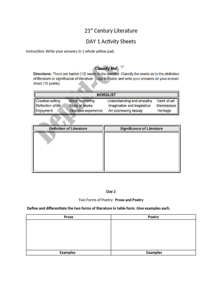21st Century Literature Ctivity Sheets | PDF