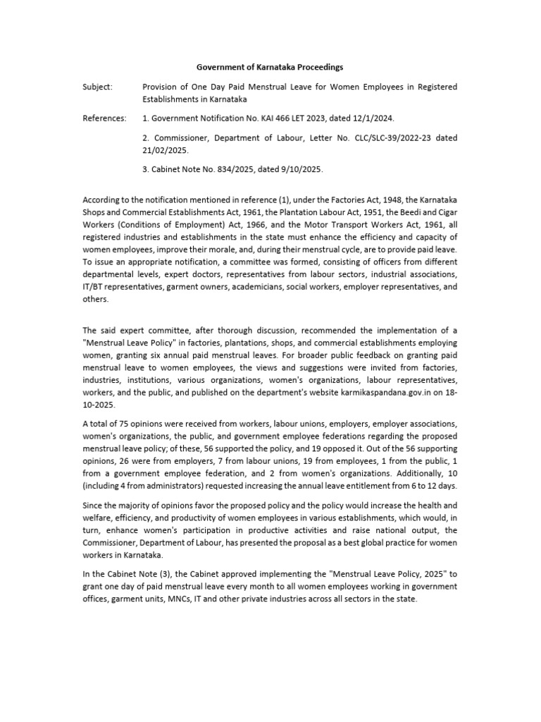 Karnataka's Menstrual Leave Policy 2025 | PDF | Employment | Labour Law