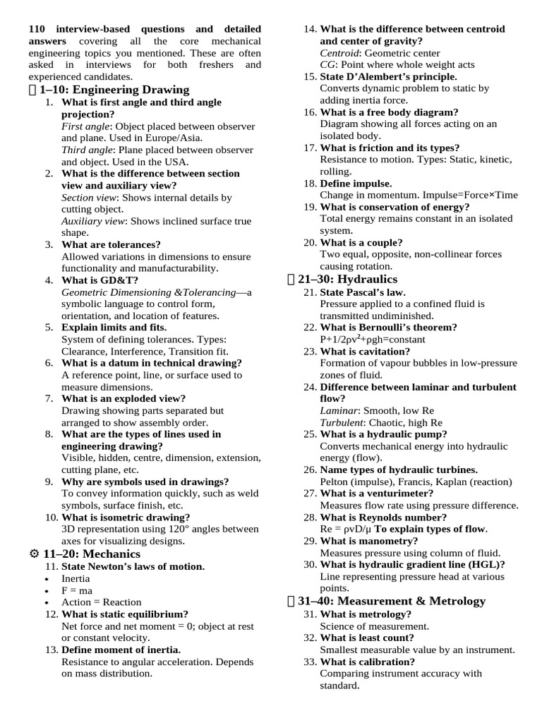 Mechanical Engineering Interview Questions | PDF | Force | Construction