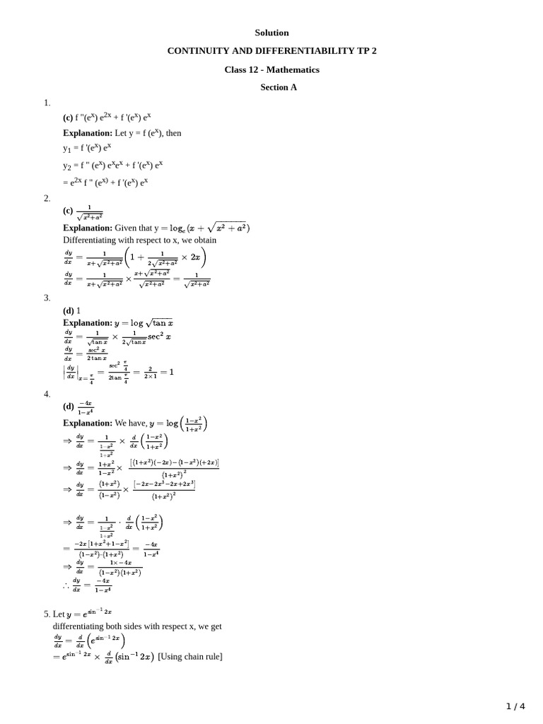 Continuity and Differentiability TP 2 Sol(Exponential and Logarithmic Functions and Logarithmic ...