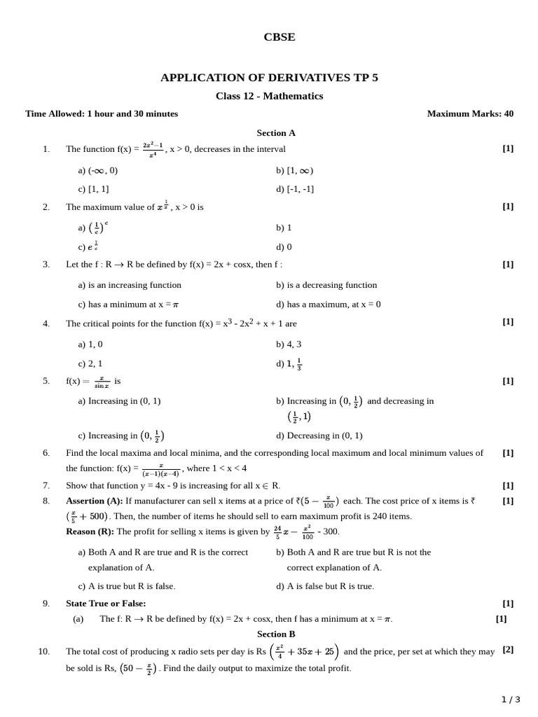 Class 12 Mathematics: Application of Derivatives | PDF | Mathematical ...
