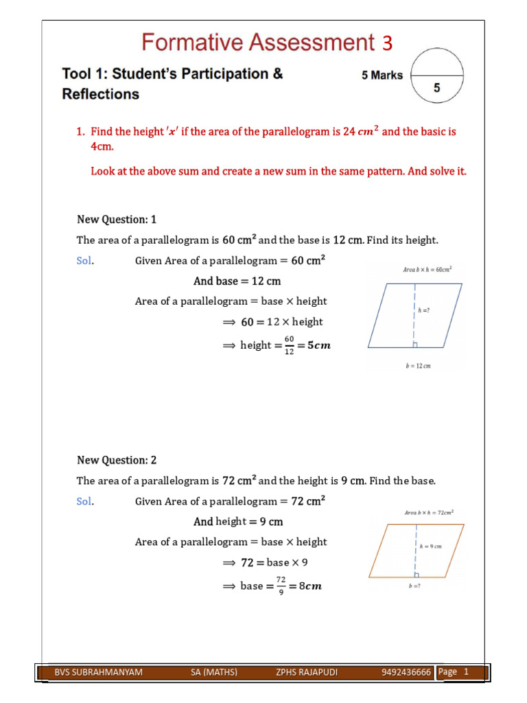 BVS FA 3 Class 7 Maths Tool 1-3 | PDF | Rational Number | Area