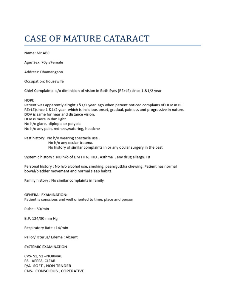 Mature Cataract Case Study and Management | PDF | Cataract | Visual System