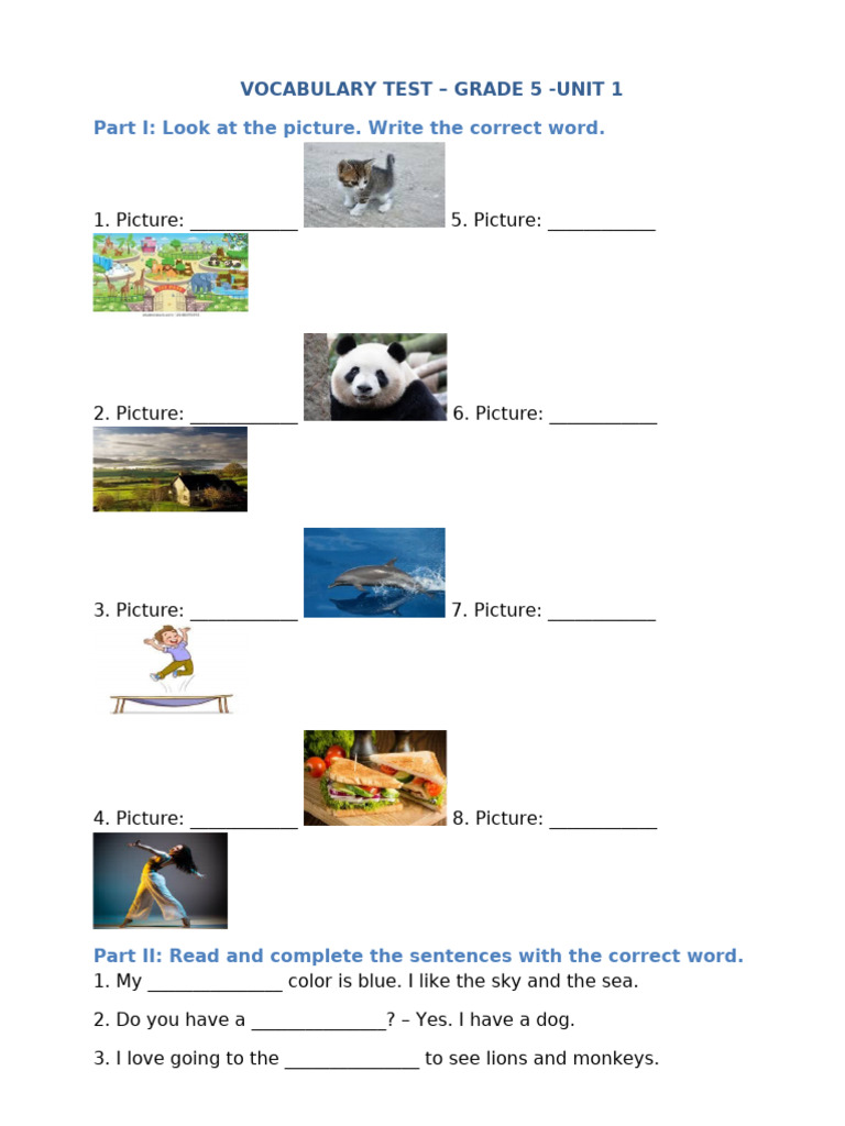 UNIT 1- Vocabulary_Test_Grade5 | PDF