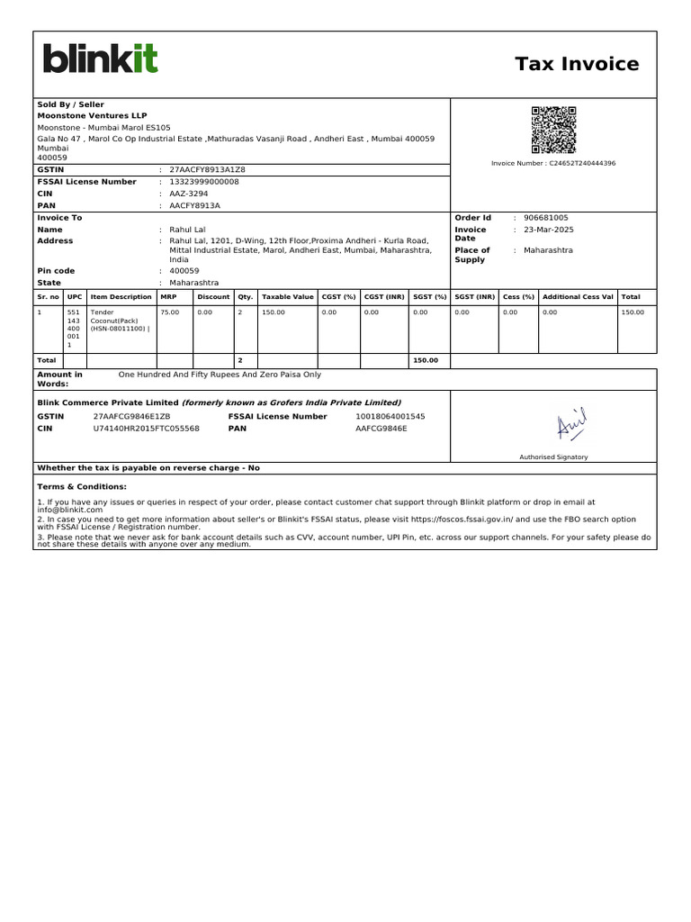 Tax Invoice for Moonstone Ventures | PDF | Payments | Taxes