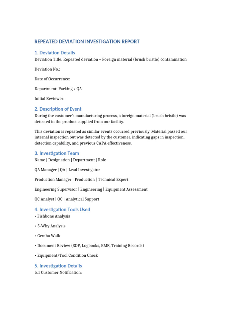 Repeated Deviation Investigation Report | PDF | Verification And Validation