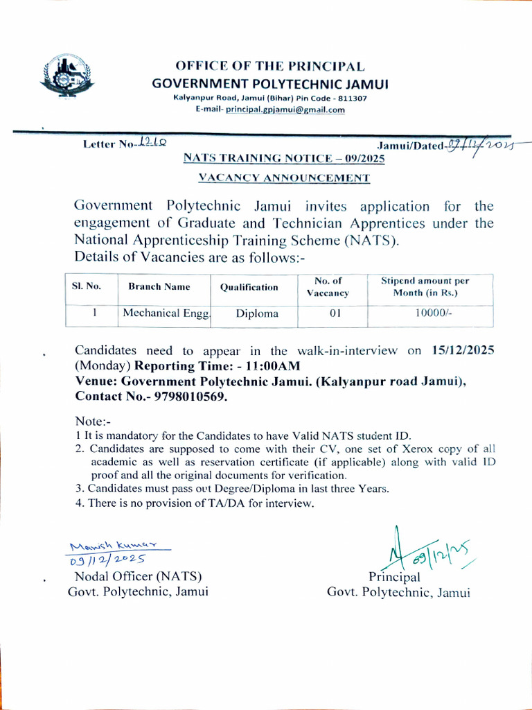 NATS Apprenticeship Openings at Jamui | PDF