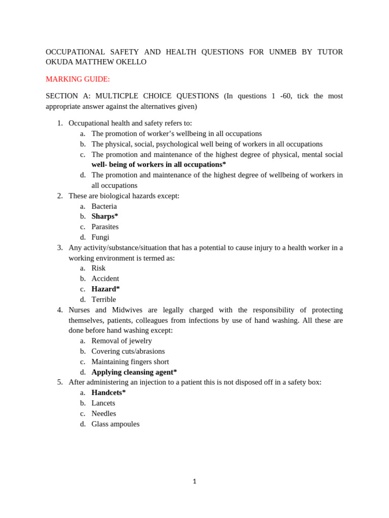 Occupational Safety & Health Quiz Guide | PDF | Hepatitis | Tuberculosis