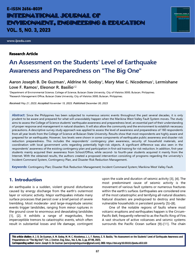Students Level of Earthquake Awareness | PDF | Earthquakes | Emergency ...