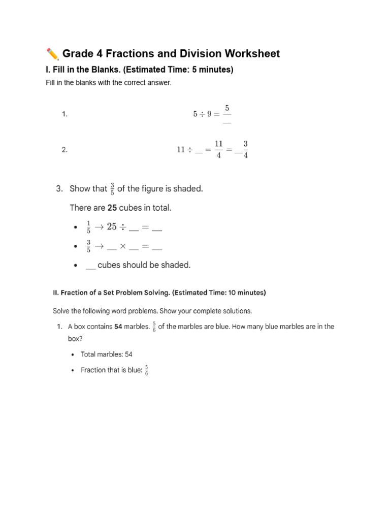 Grade 4 Fractions and Division Worksheet | PDF