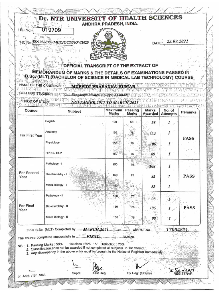 BSC Marks Memo (Transcript) | PDF