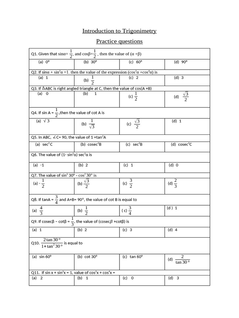 Trigonometry Practice Questions and Solutions | PDF | Trigonometry ...