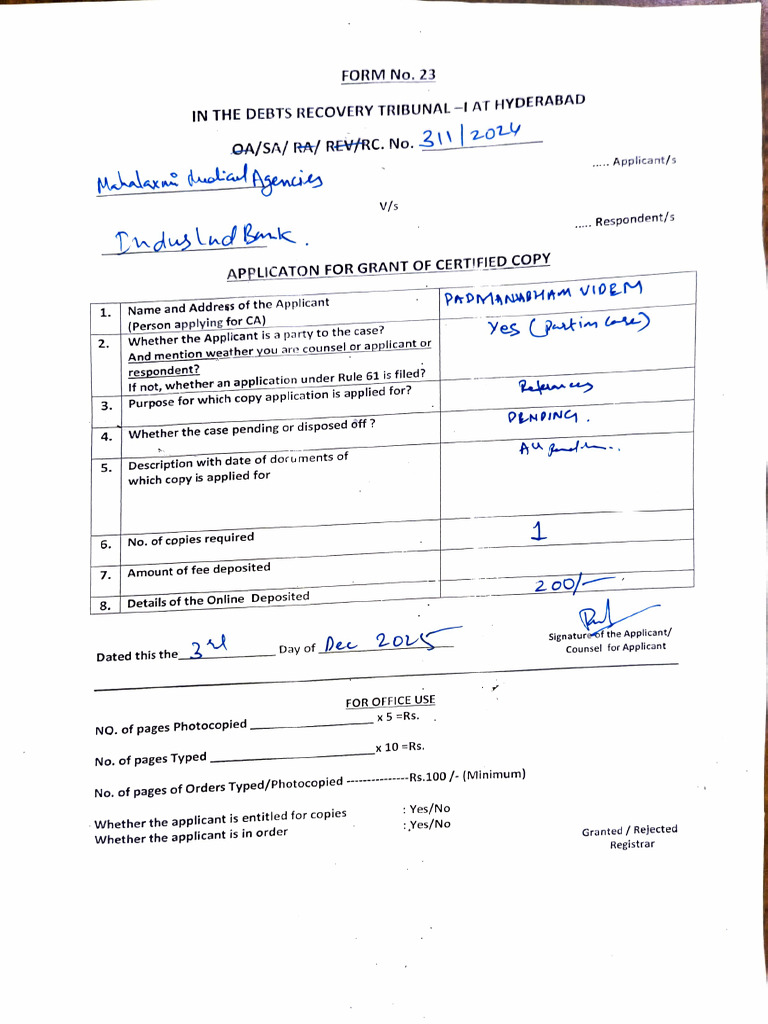 Certified Copy Application Form - DRT Hyderabad | PDF