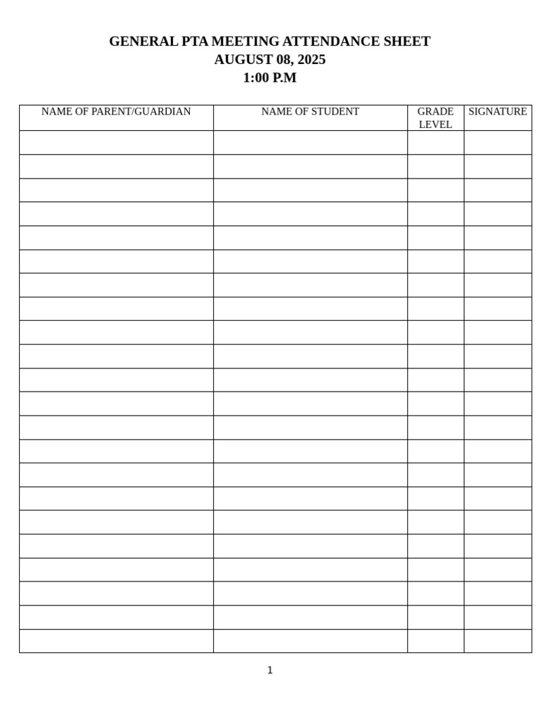 General Pta Meeting Attendance Sheet | PDF