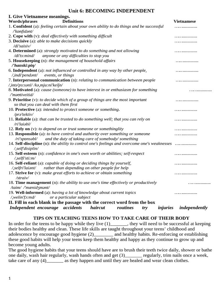 E 10-Unit 3-Vocabulary Exercises | PDF | Adolescence | Self Esteem