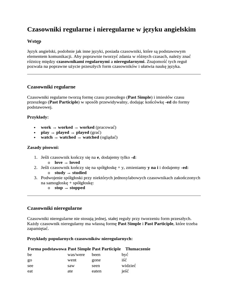 Czasowniki Regularne I Nieregularne W Języku Angielskim | PDF