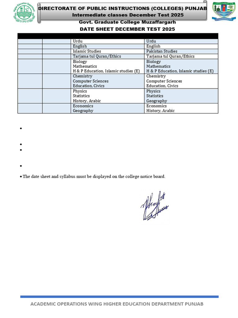 December 2025 Test Date Sheet Punjab | PDF