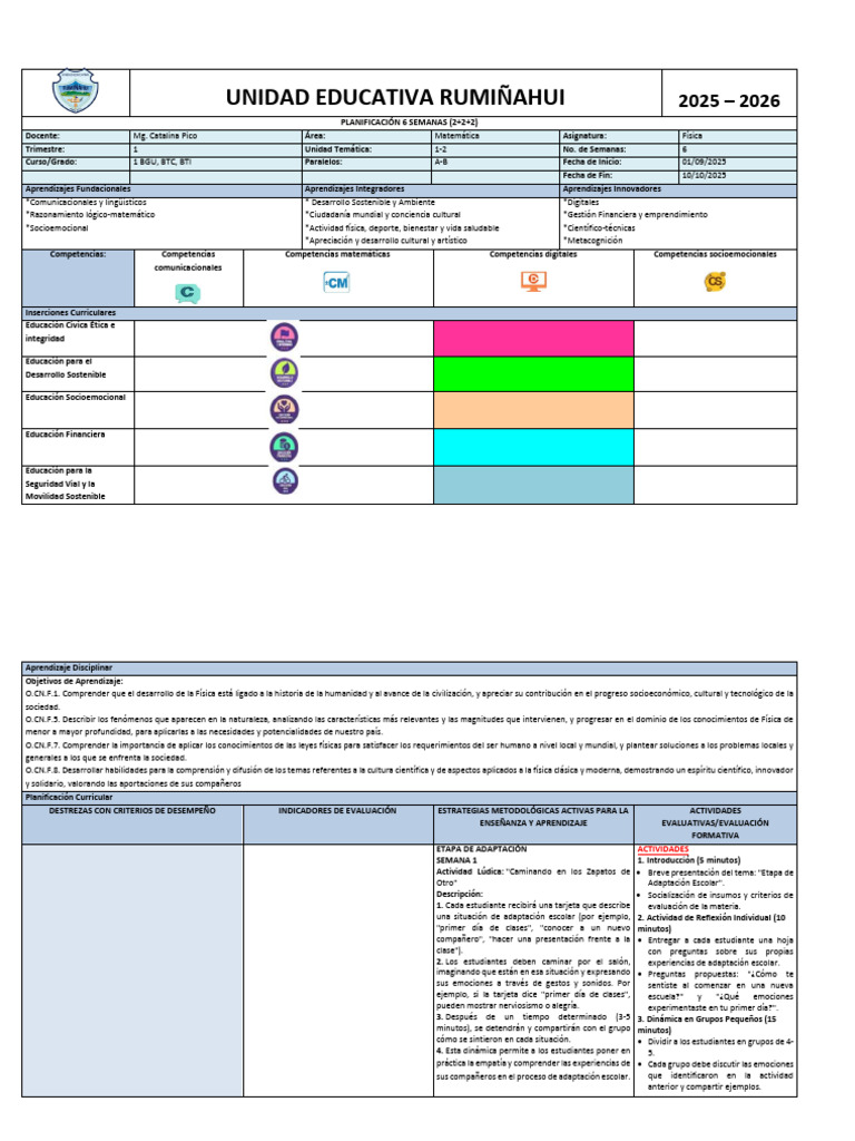 Planificación Física 1 BGU 2025-2026 | PDF | Ecuaciones | Evaluación