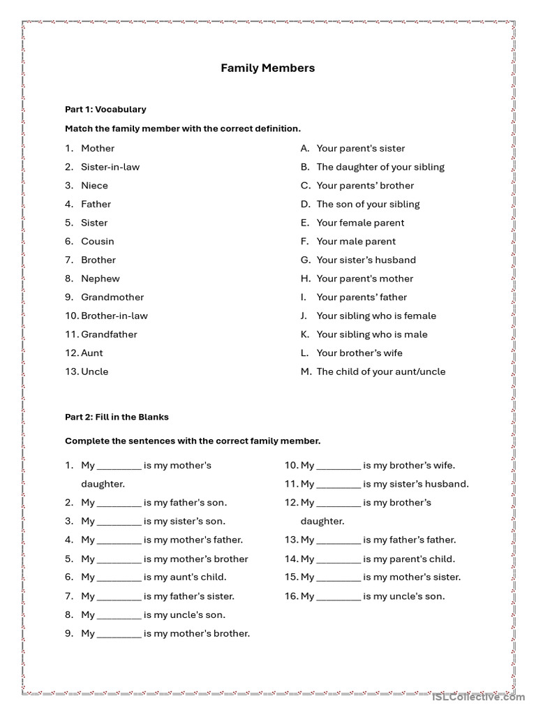 Family Member Vocabulary Quiz | PDF | Chess Openings | Kinship And Descent