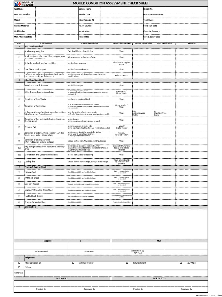 Mould Health Check Sheet | PDF | Mechanical Engineering | Industrial ...