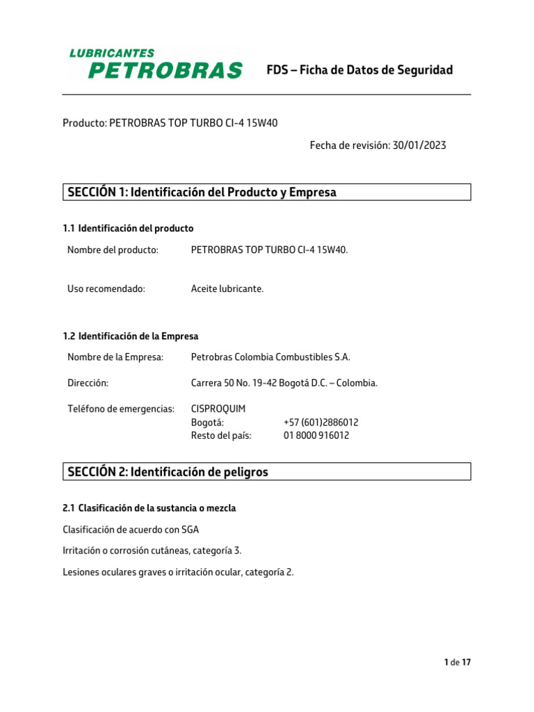 HS Lubra Top Turbo 15W40 | PDF | Sustancias químicas