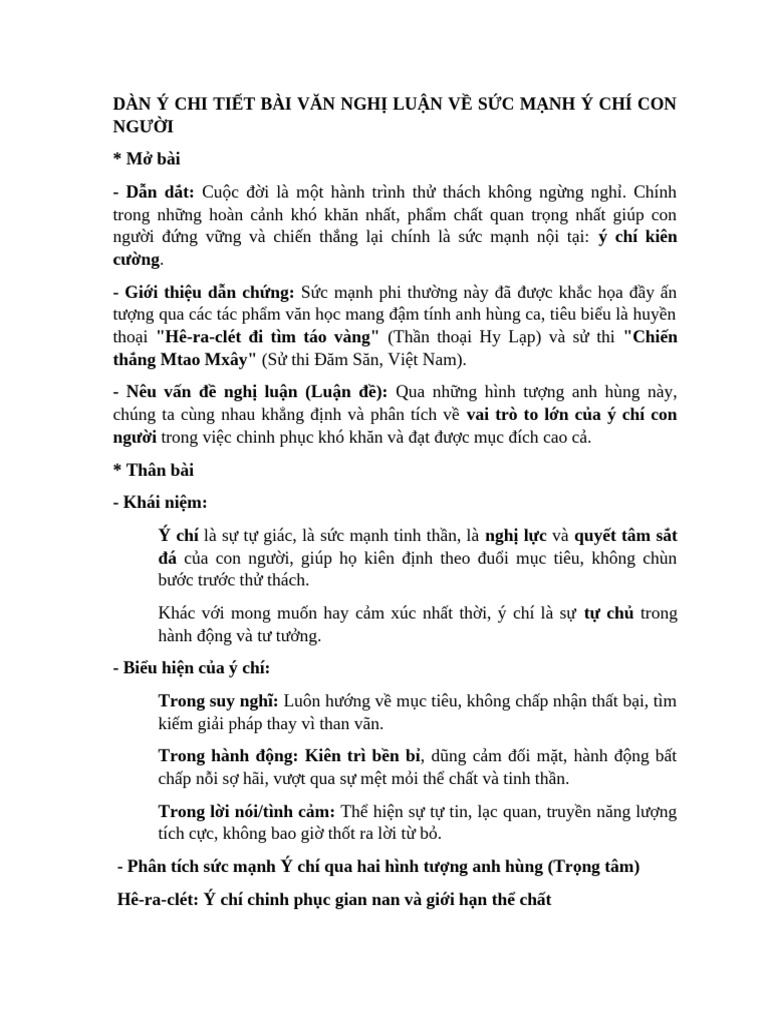 Dàn ý Chi Tiết Bài Văn Nghị Luận Về Sức Mạnh ý Chí Con Người | PDF