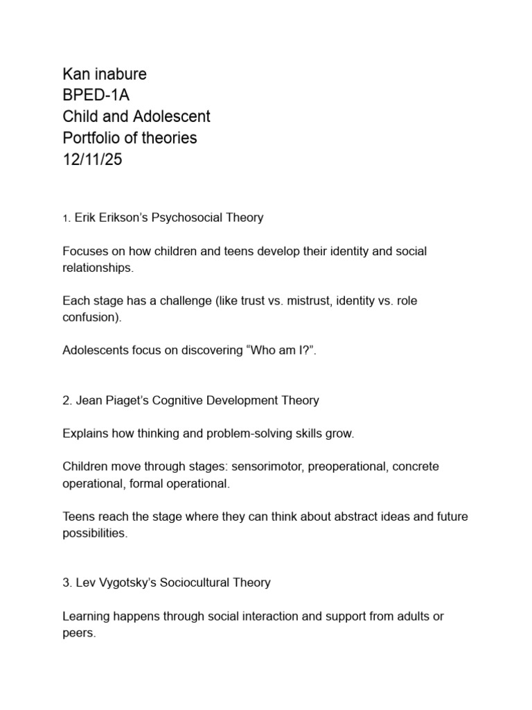 Child and Adolescent Development Theories | PDF