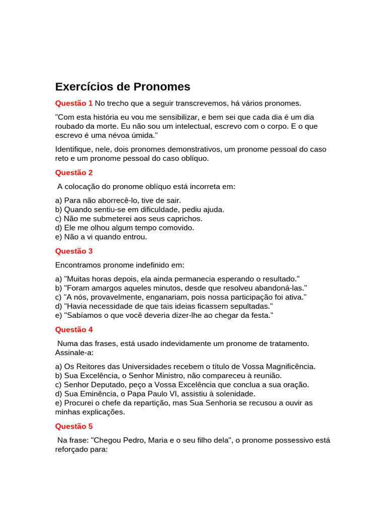 Exercícios de Pronomes - português e oração | PDF | Pronome | Famílias ...