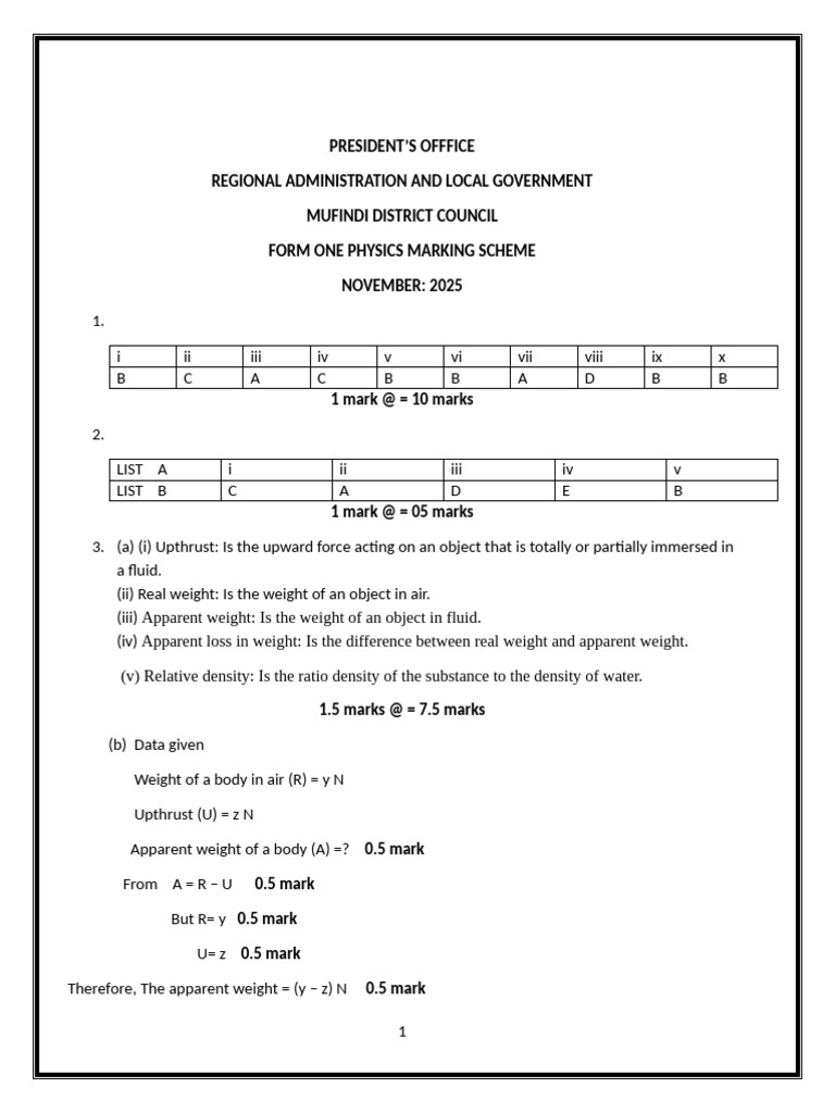 Form One Physics Marking Scheme 2025 | PDF | Pressure | Density