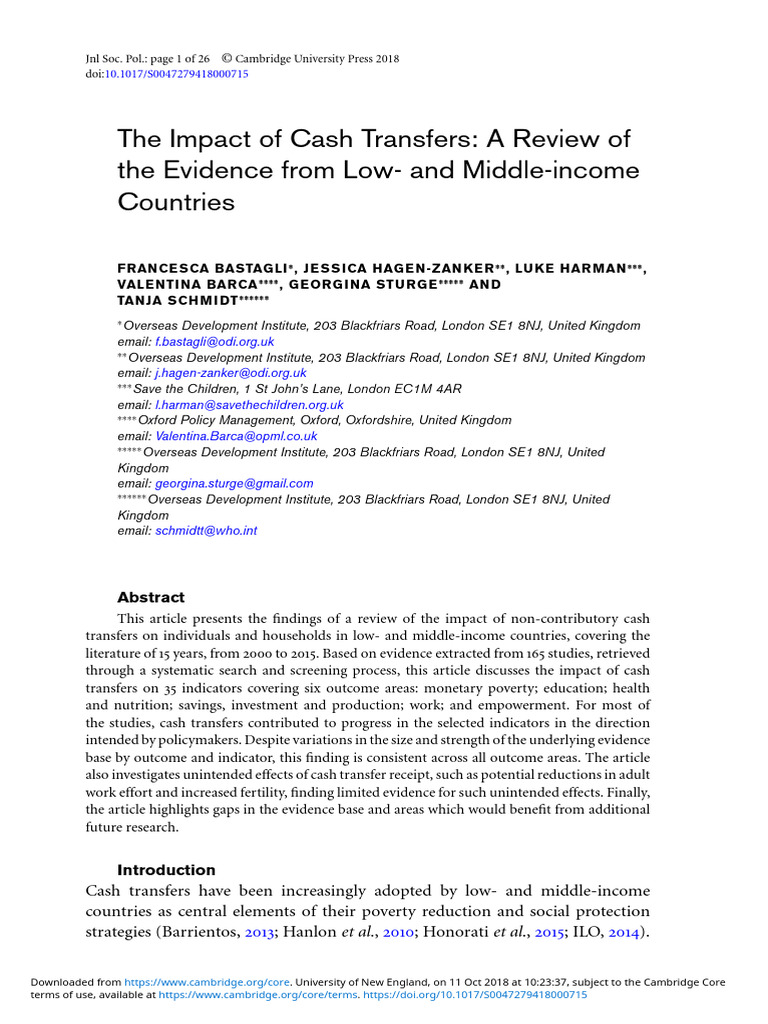 The Impact of Cash Transfers - A Review of Evidence From Low and Middle ...