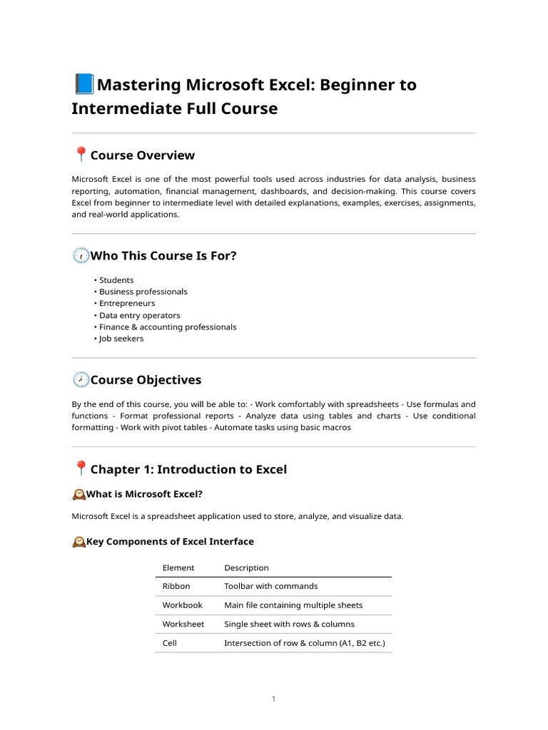 Excel Mastery: Beginner to Intermediate Course | PDF | Microsoft Excel ...