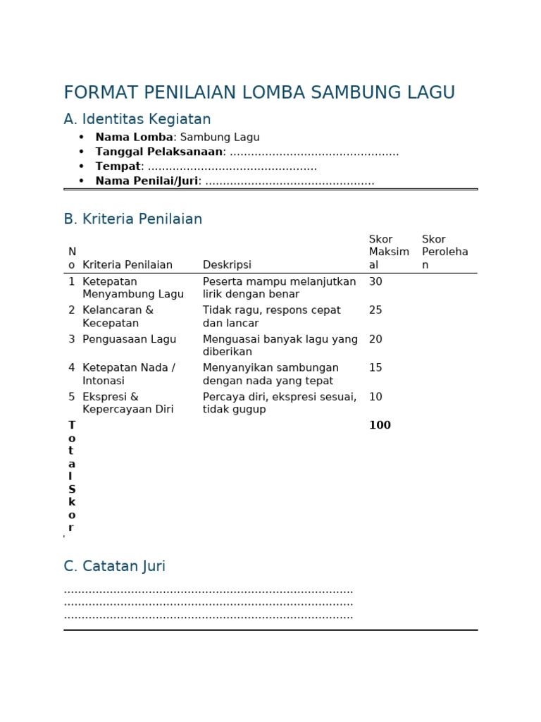 Penilaian Lomba Sambung Lagu 2023 | PDF