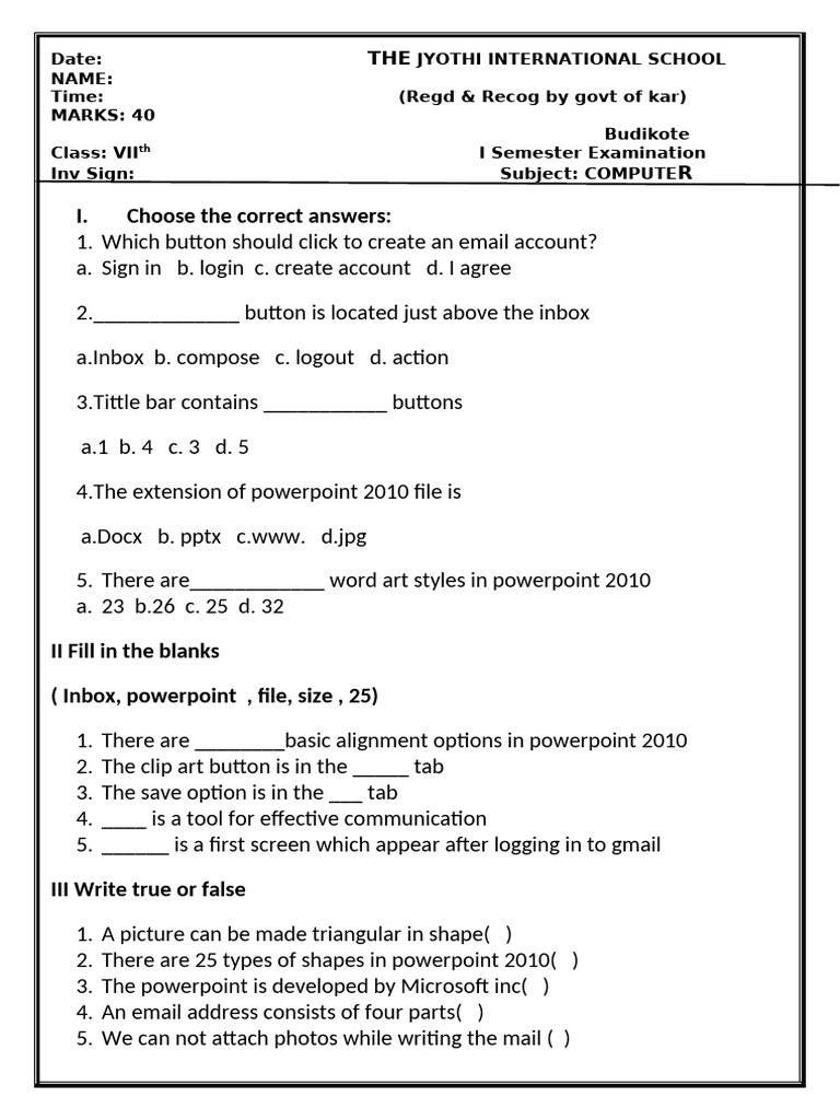 Class VII Computer Exam Paper | PDF | Microsoft Power Point | Computing