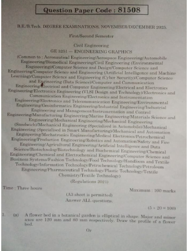 GE3251 Engineering Graphics Nov Dec 2025 Question Paper | PDF