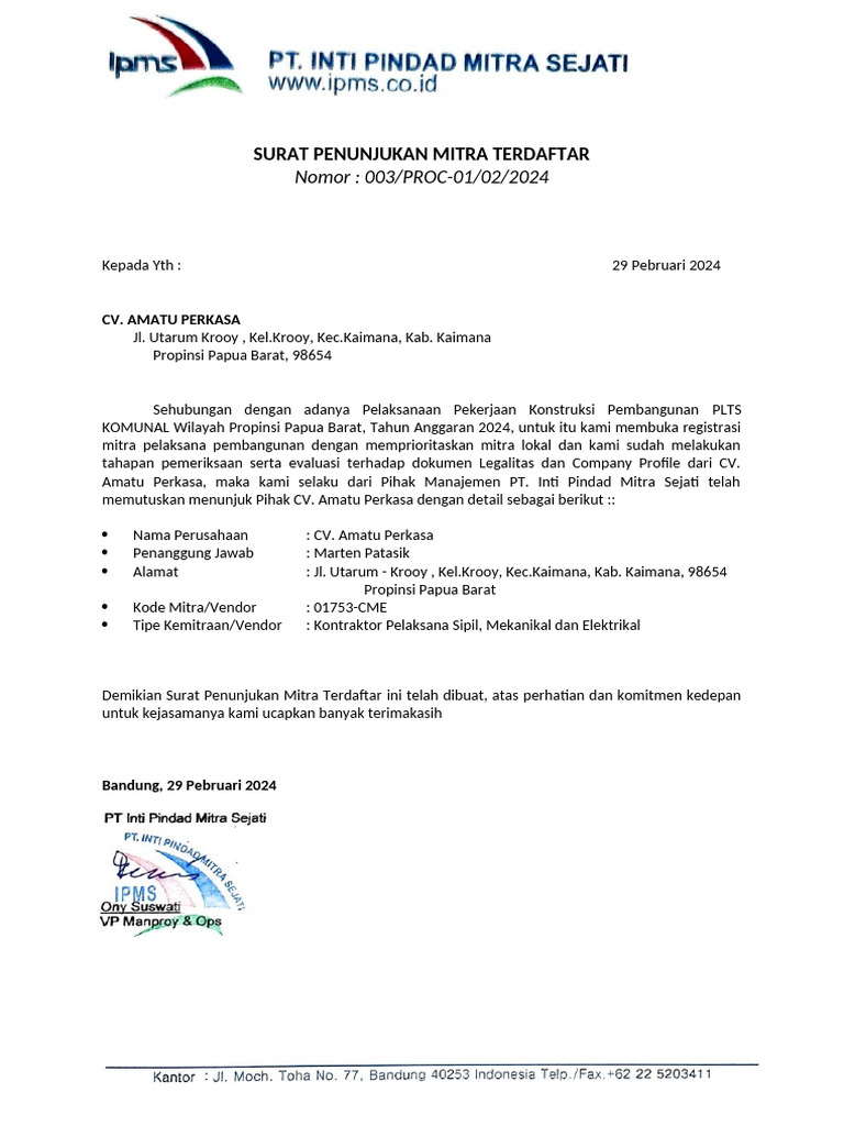 Surat Mita Vendor IPMS CV - Amp 1 | PDF