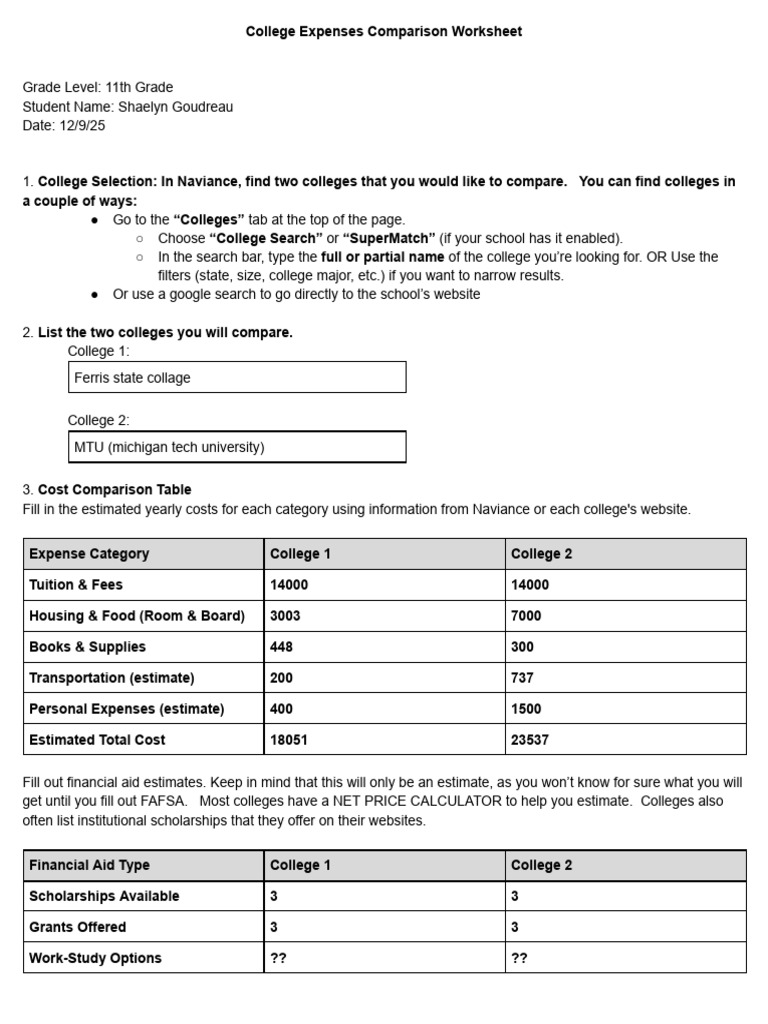 College Cost Comparison Worksheet | PDF | Student Financial Aid In The ...