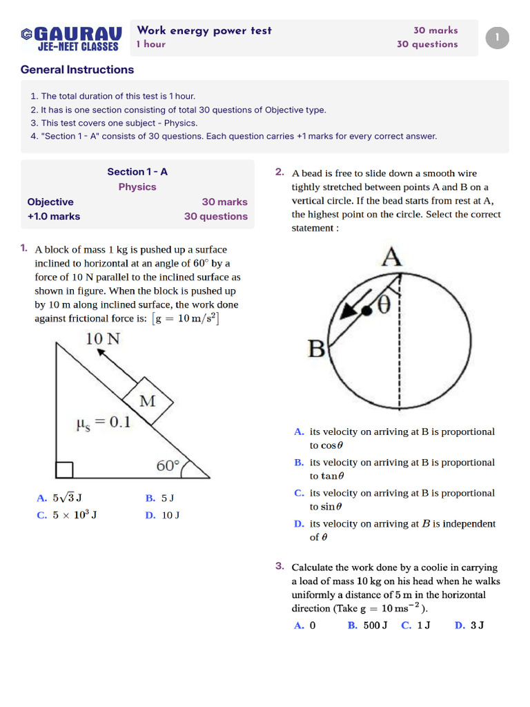 Work Energy Power Test QP DEFAULT | PDF