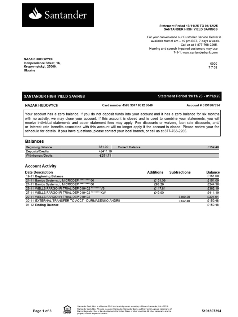 Santander High Yield Savings Statement | PDF | Overdraft | Personal Finance