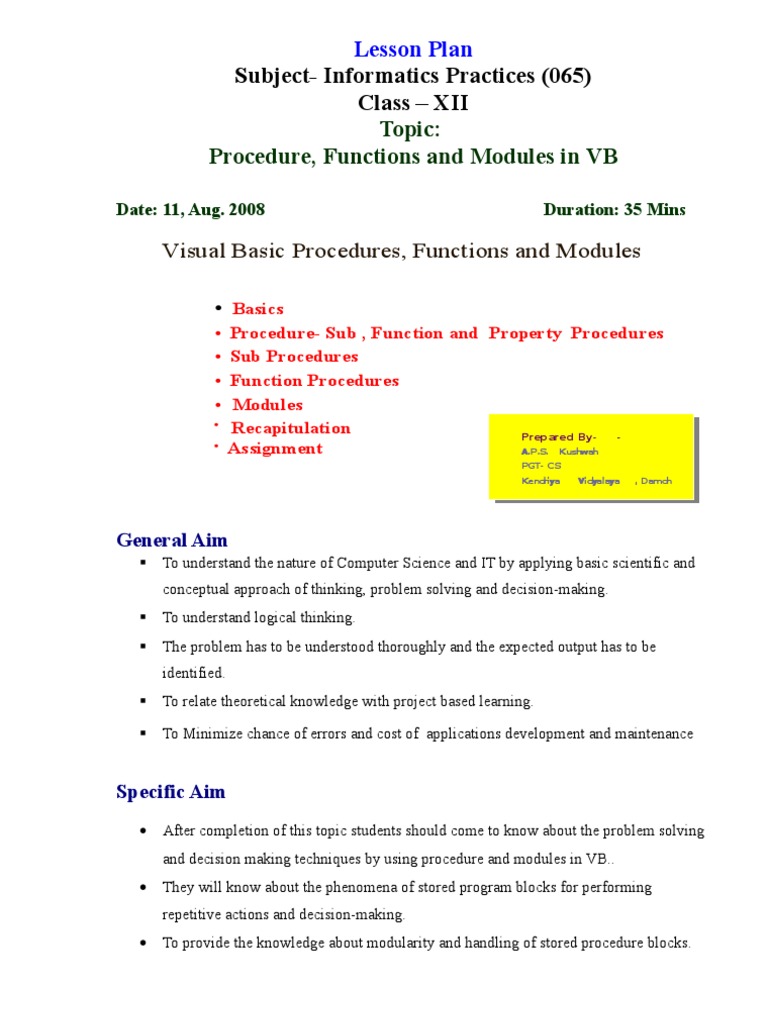 Lesson Plan 11.0808final | PDF | Subroutine | Visual Basic .Net