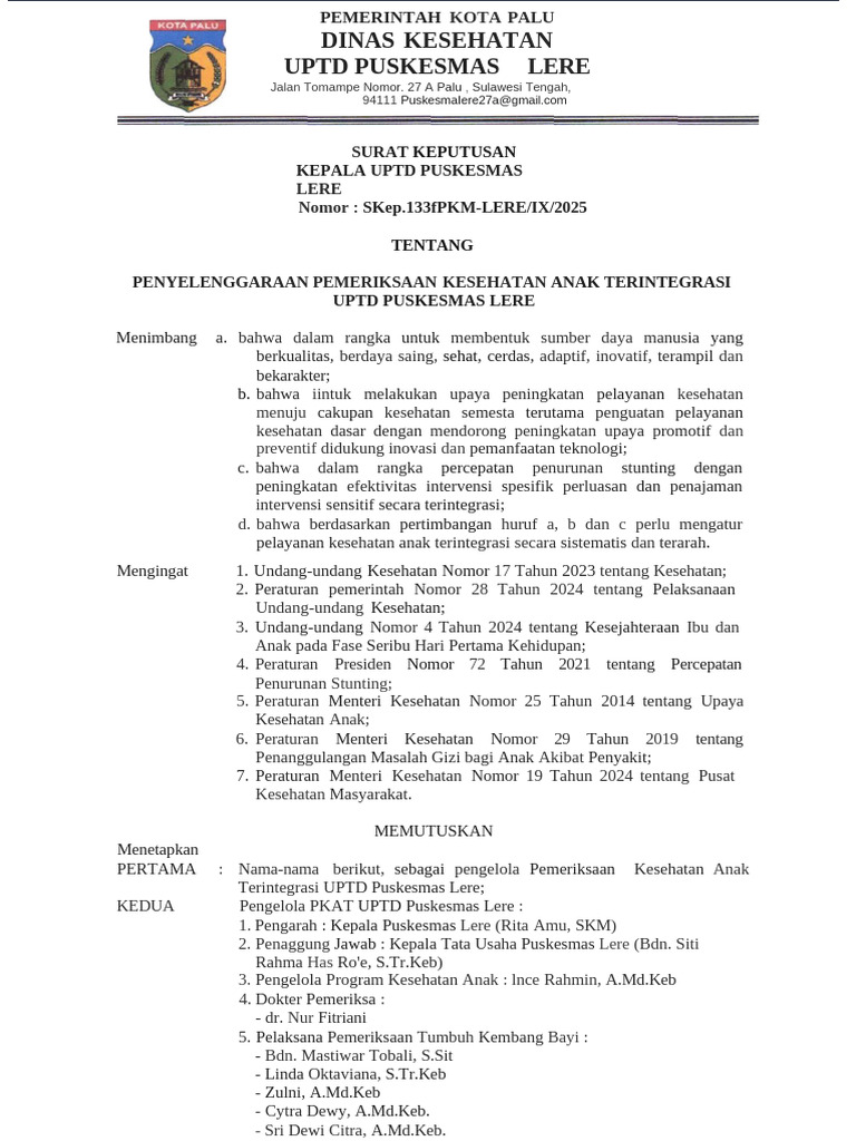 SK Penyelenggaraan Kesehatan Anak Lere | PDF