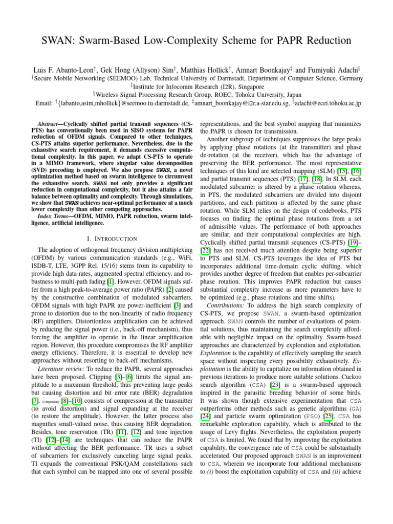 SWAN: Swarm-Based PAPR Reduction Method | PDF | Orthogonal Frequency ...