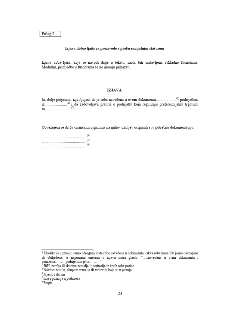 Izjava o Porijeklu Robe | PDF
