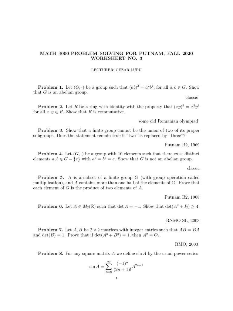Worksheet 3 Math 4000 Problem Solving For Putnam Fall 2020 Ttu | PDF ...