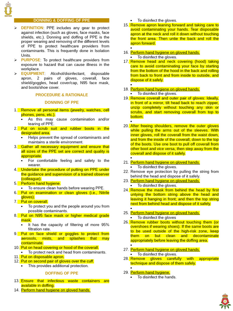 PPE Donning and Doffing Procedures | PDF | Personal Protective ...