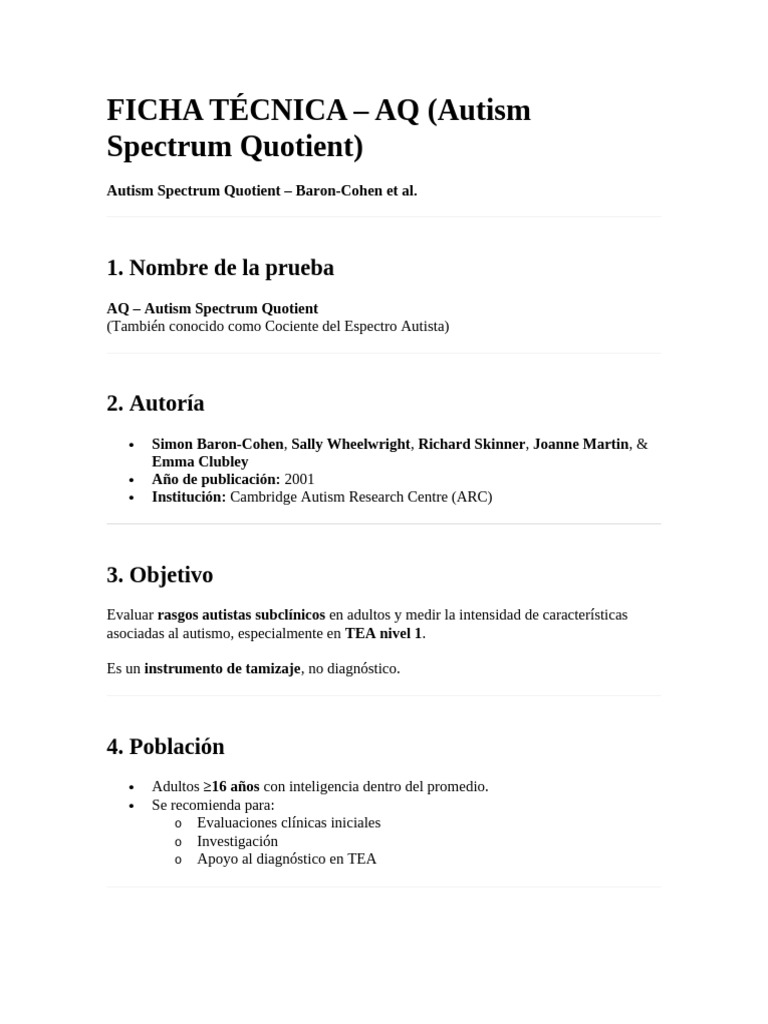Ficha Técnica del AQ para Evaluar TEA | PDF | Autismo | Ciencias del ...