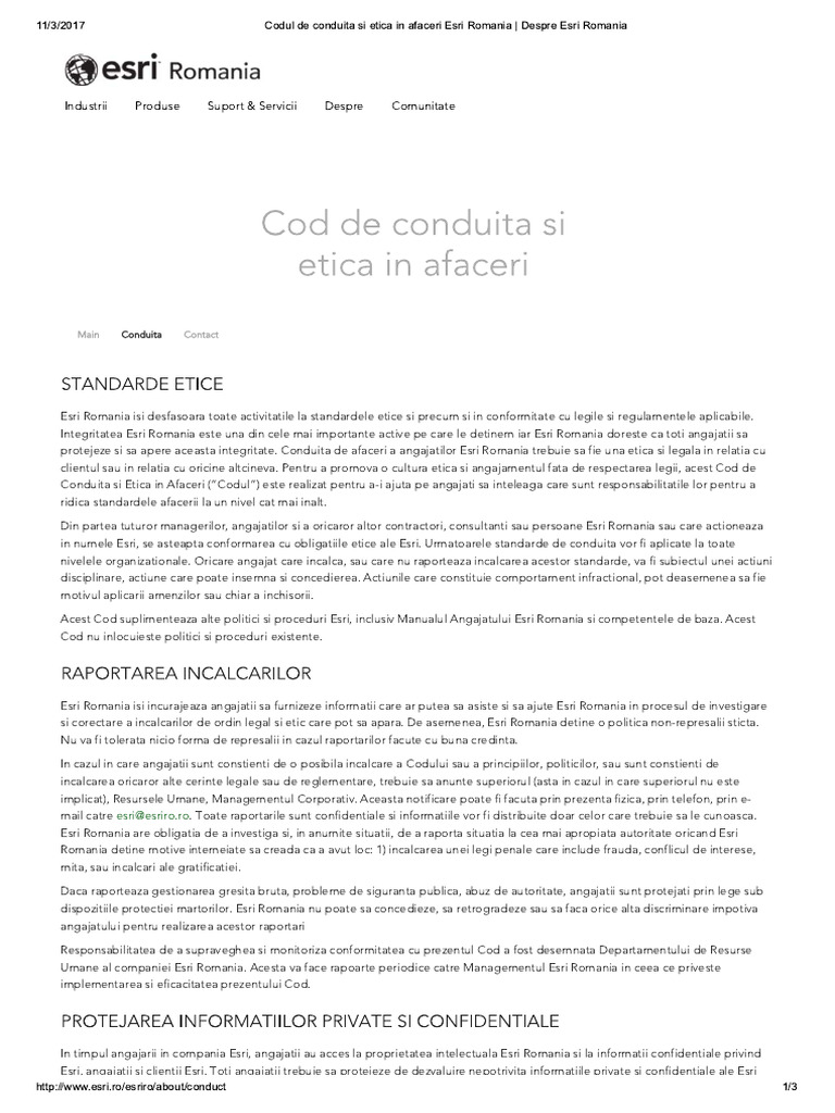 Codul de Conduita Si Etica in Afaceri Esri Romania - Despre Esri ...