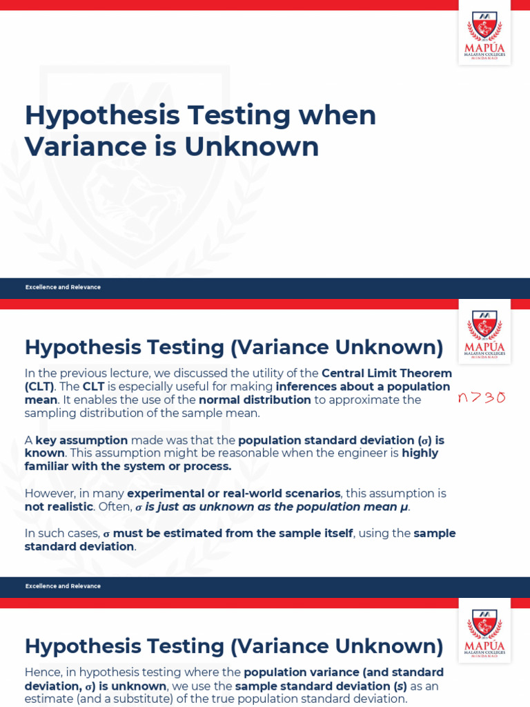 Hypothesis Testing with Unknown Variance | PDF | Student's T Test ...
